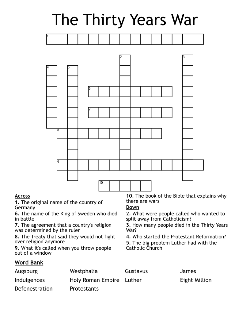The Thirty Years War Crossword - WordMint