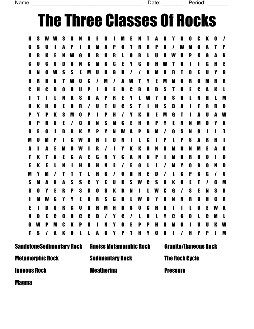 The Three Classes Of Rocks Word Search - WordMint