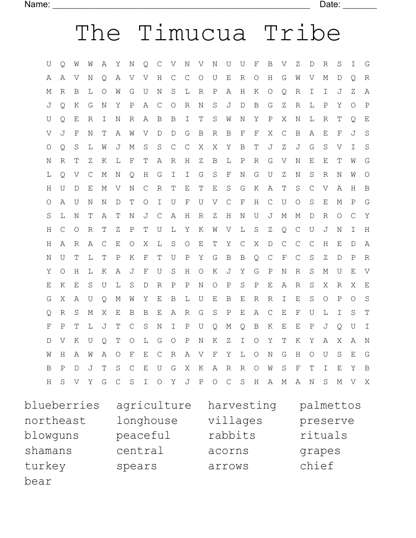 The Timucua Tribe Word Search - WordMint