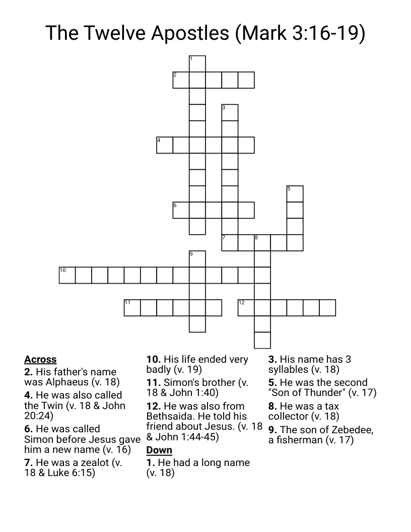 The Twelve Apostles (Mark 3:16-19) Crossword - WordMint