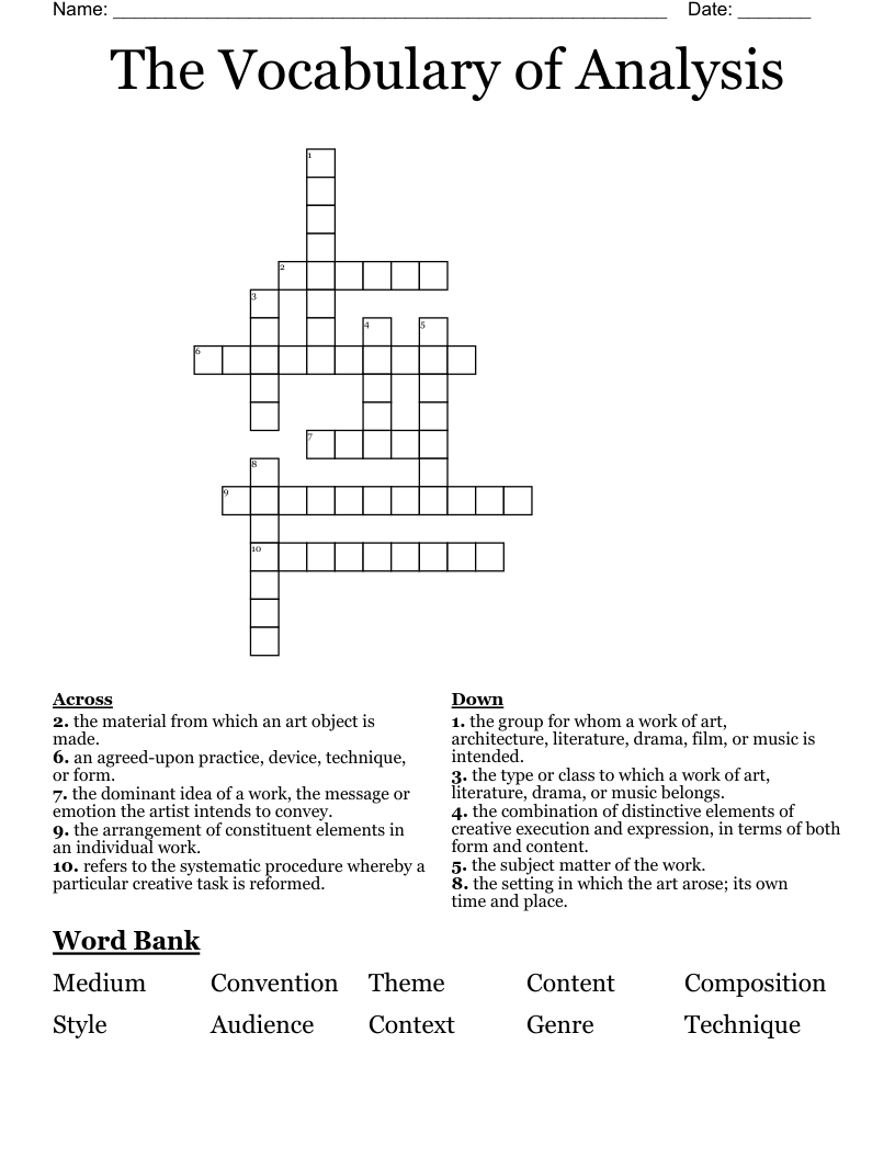 The Vocabulary of Analysis Crossword - WordMint