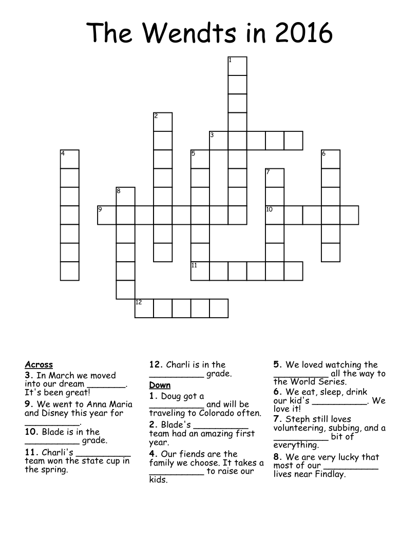 The Wendts in 2016 Crossword - WordMint