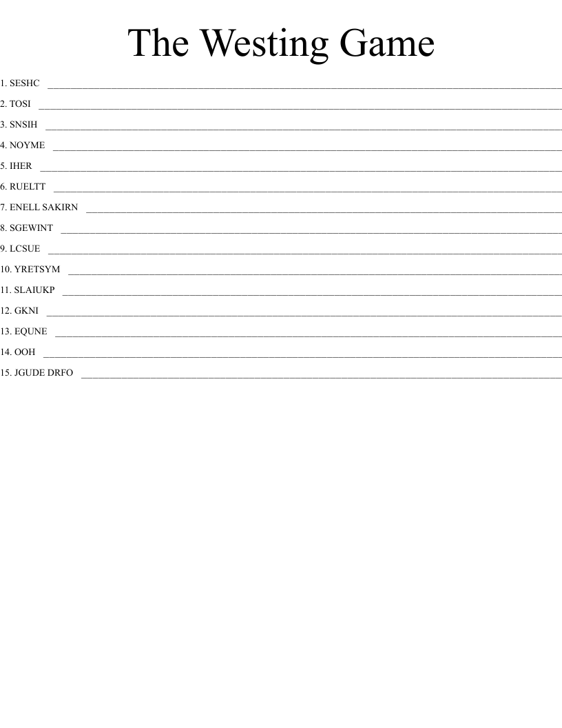 The Westing Game Word Scramble - WordMint
