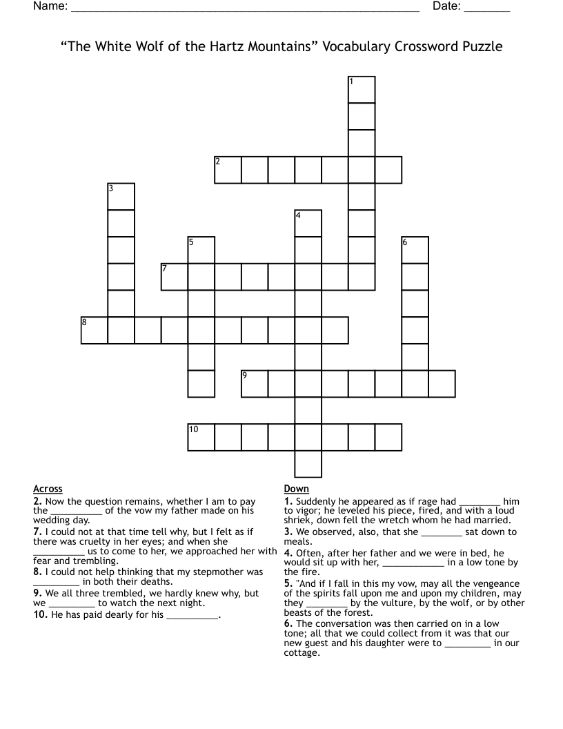 “The White Wolf of the Hartz Mountains” Vocabulary Crossword Puzzle ...