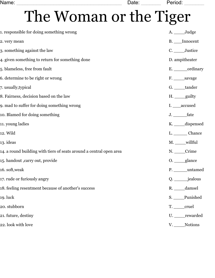 The Woman or the Tiger Worksheet - WordMint