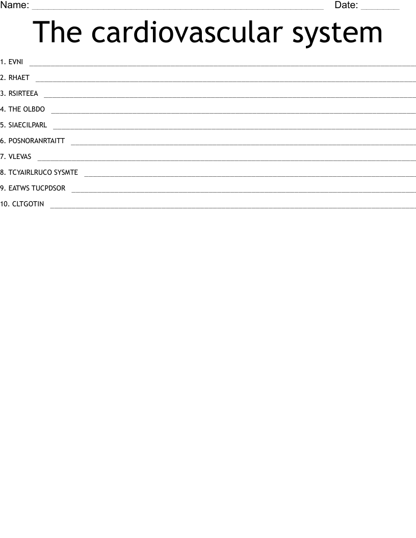 The cardiovascular system Word Scramble - WordMint