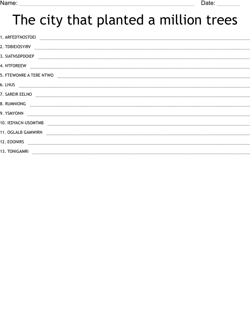 The city that planted a million trees Word Scramble - WordMint