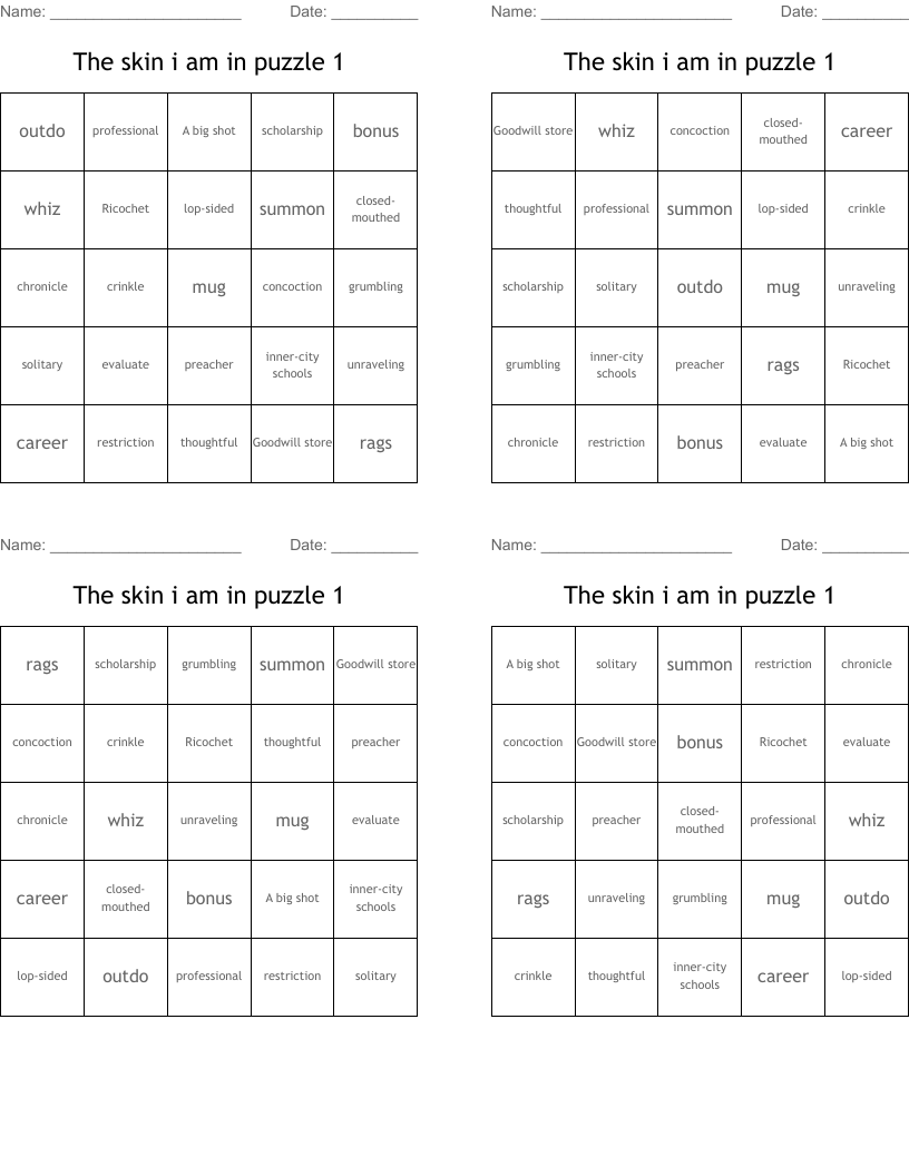 The skin i am in puzzle 1 Bingo Cards - WordMint