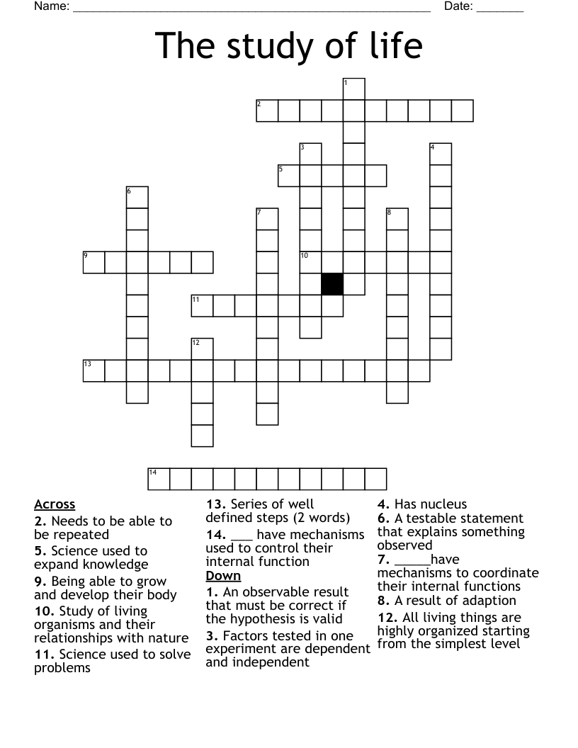 The study of life Crossword - WordMint