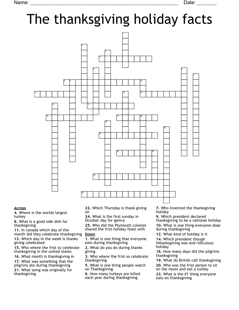 The Thanksgiving Holiday Facts Crossword WordMint The Thanksgiving Holiday Facts Crossword WordMint