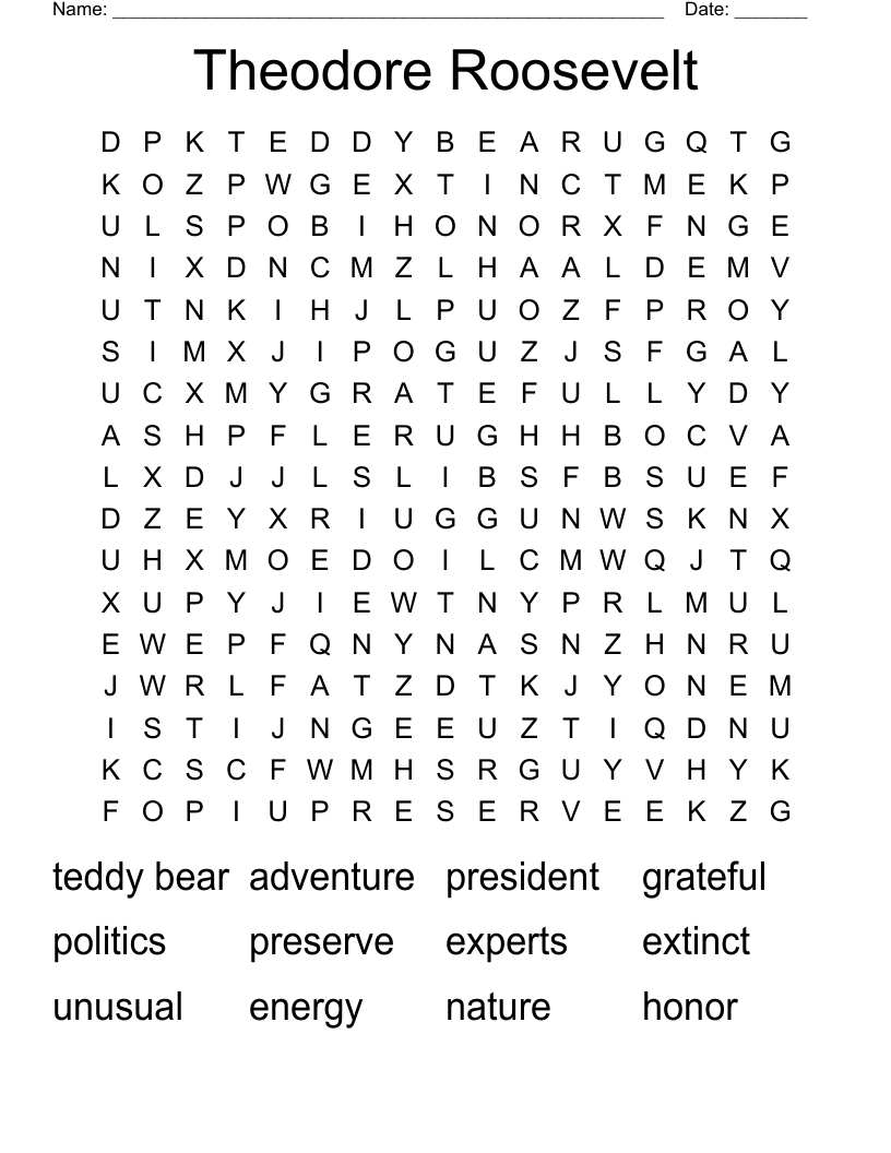 Theodore Roosevelt Word Search - WordMint