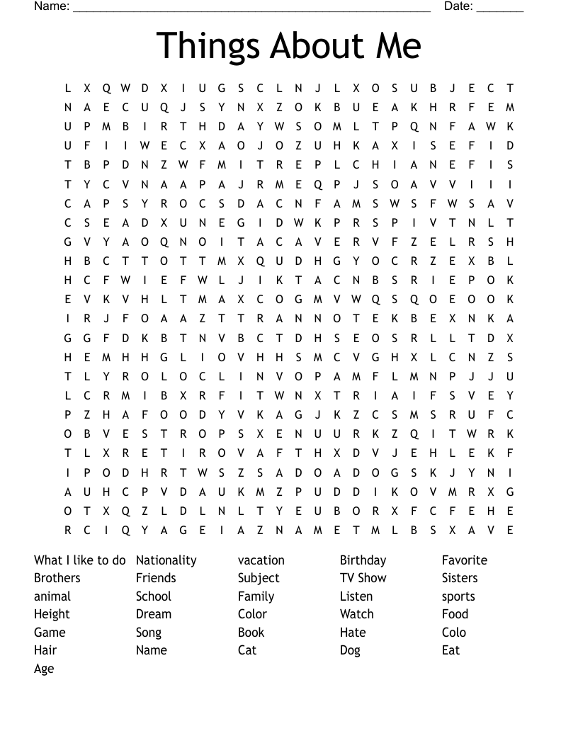 Things About Me Word Search - WordMint