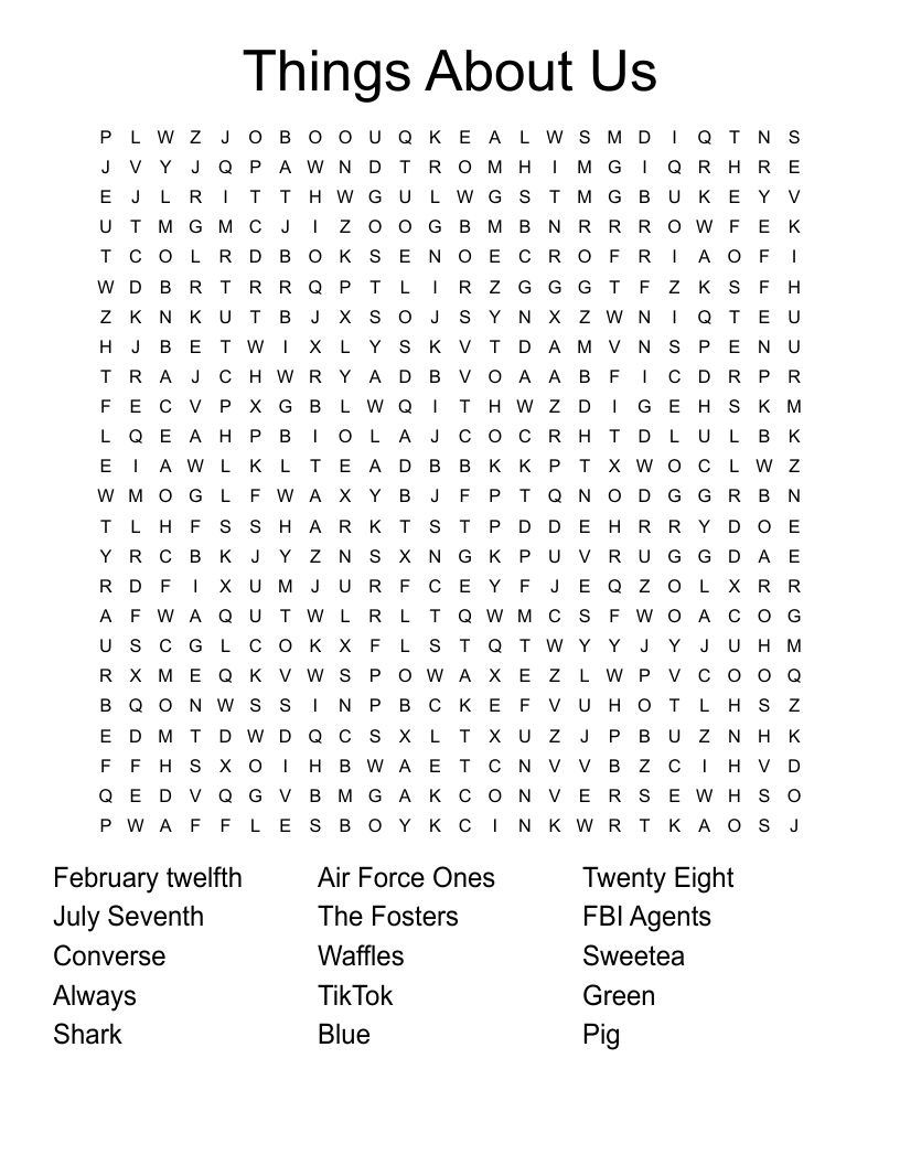 Things About Us Word Search - WordMint