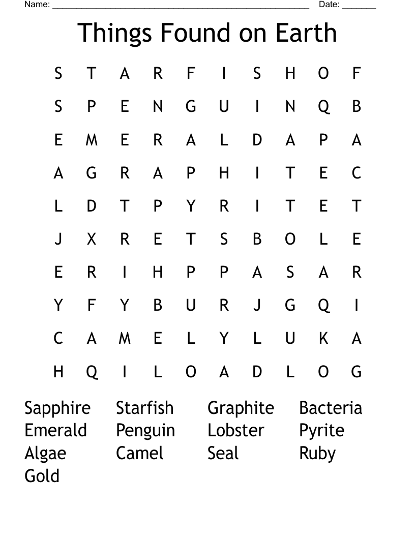 Things Found on Earth Word Search - WordMint