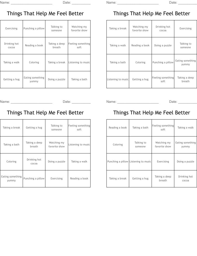 Things That Help Me Feel Better Bingo Cards - WordMint