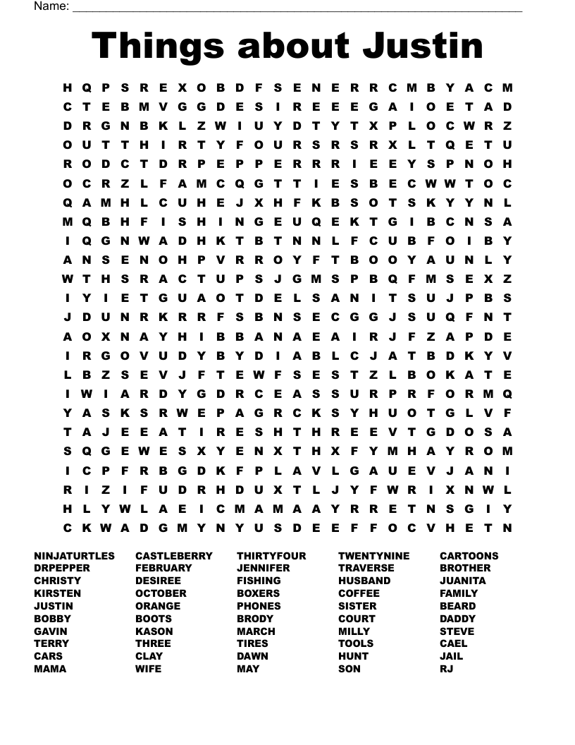 Things about Justin Word Search - WordMint