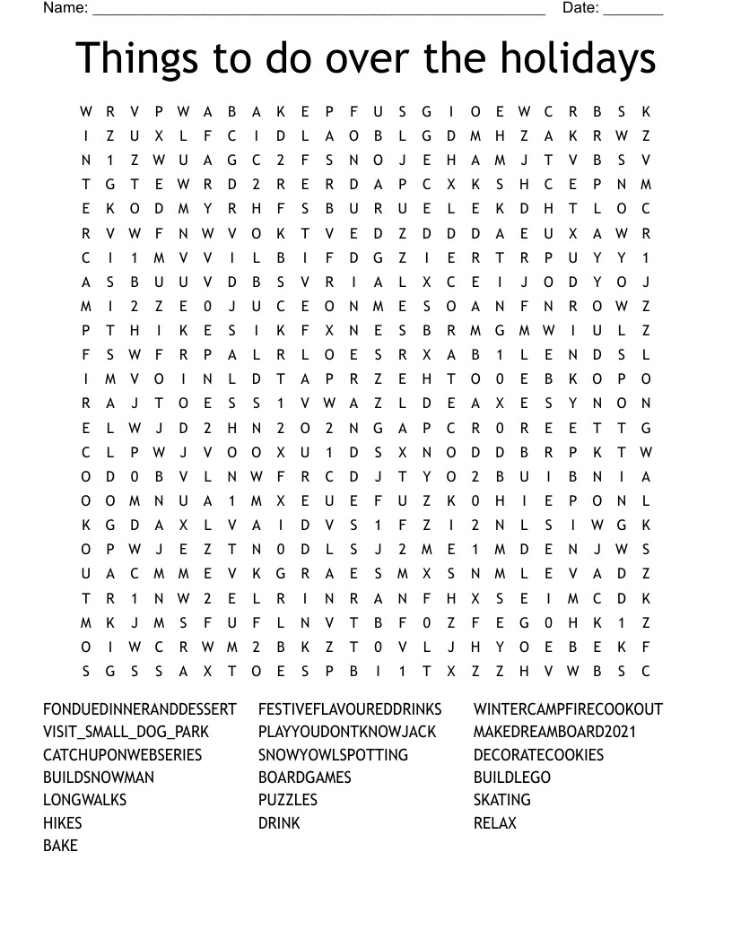 Things to do over the holidays Word Search - WordMint