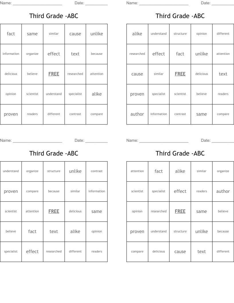 Third Grade -ABC Bingo Cards - WordMint