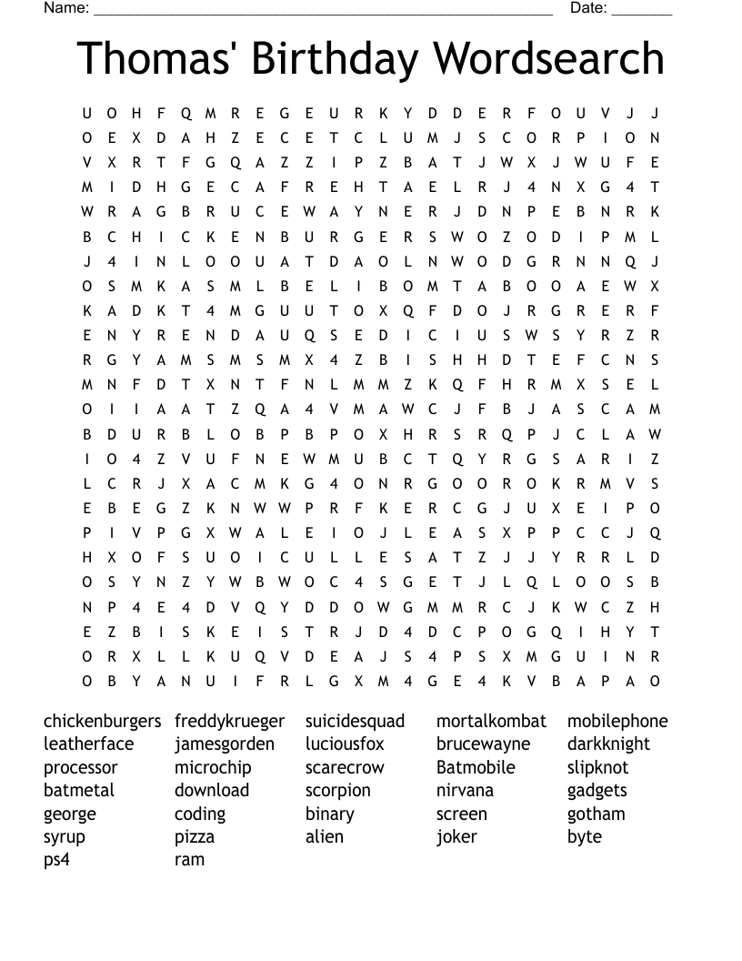 Thomas' Birthday Wordsearch - WordMint