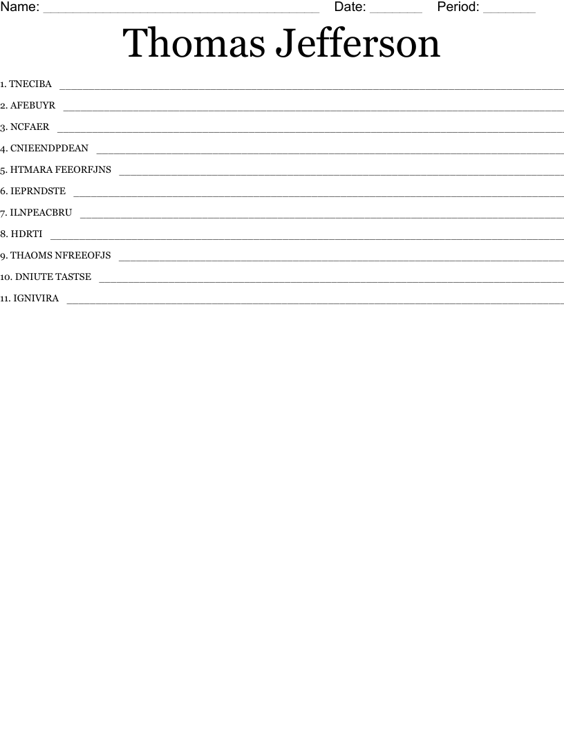 Thomas Jefferson Word Scramble - WordMint