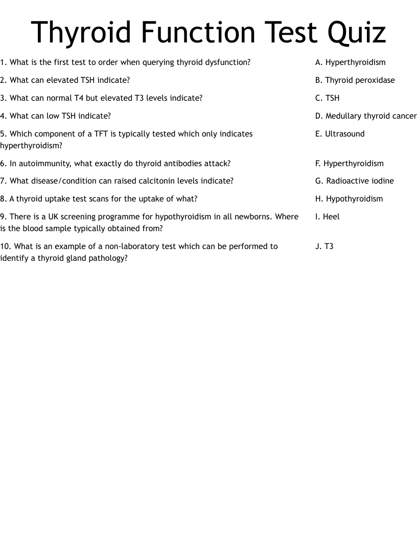 Thyroid Function Test Quiz Worksheet WordMint