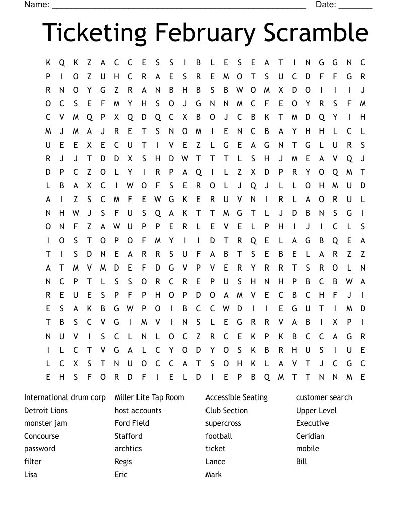 Ticketing February Scramble Word Search - WordMint