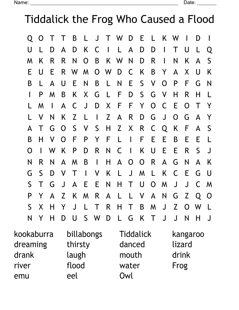 Tiddalick the Frog Who Caused a Flood Word Search - WordMint
