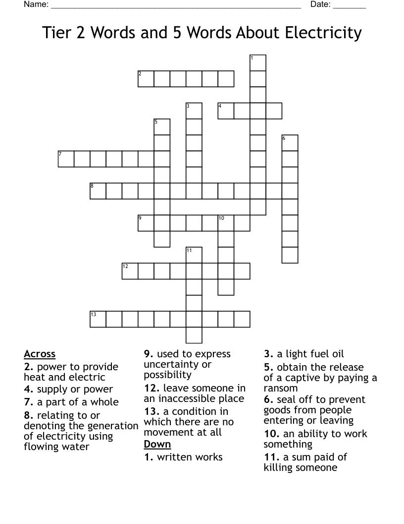 Tier 2 Words and 5 Words About Electricity Crossword - WordMint