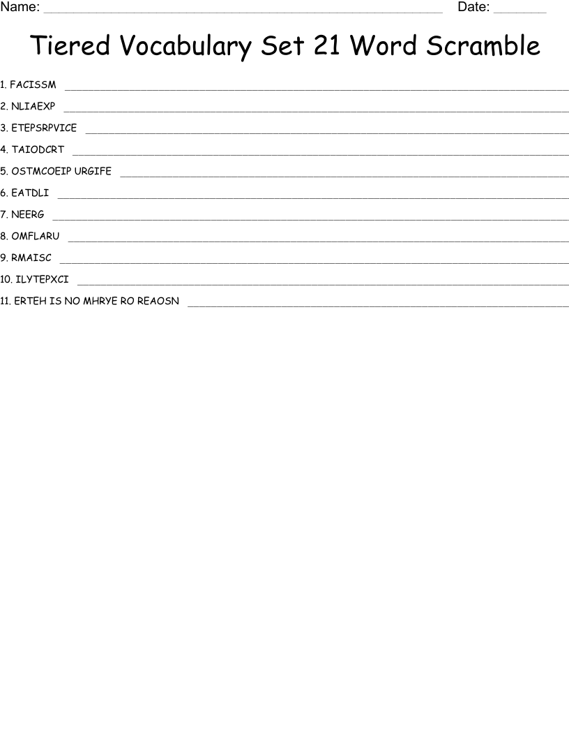 Tiered Vocabulary Set 21 Word Scramble - WordMint
