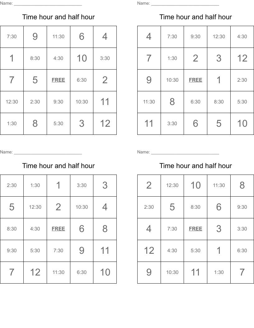 Time hour and half hour Bingo Cards - WordMint