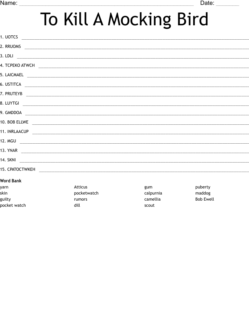 To Kill A Mocking Bird Word Scramble - WordMint