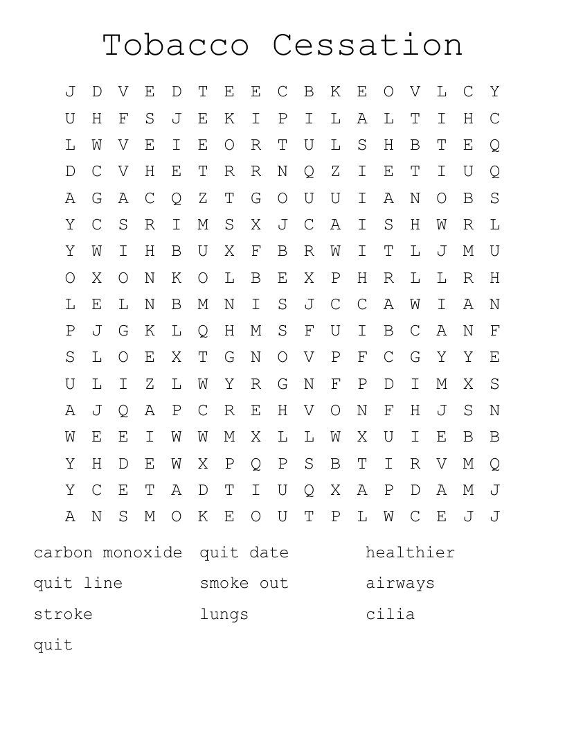 Tobacco Cessation Word Search - WordMint