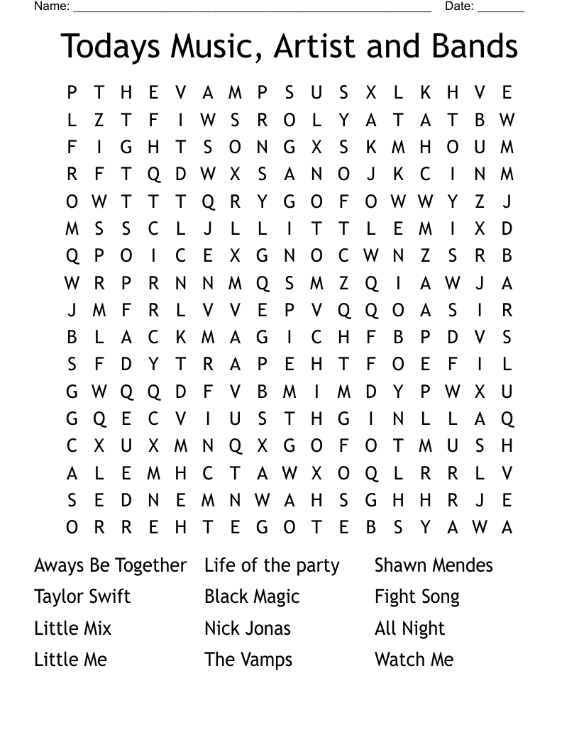 Todays Music, Artist and Bands Word Search - WordMint