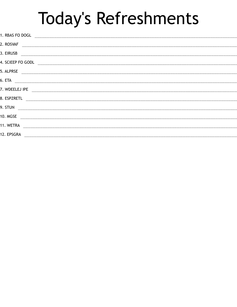Today's Refreshments Word Scramble - WordMint