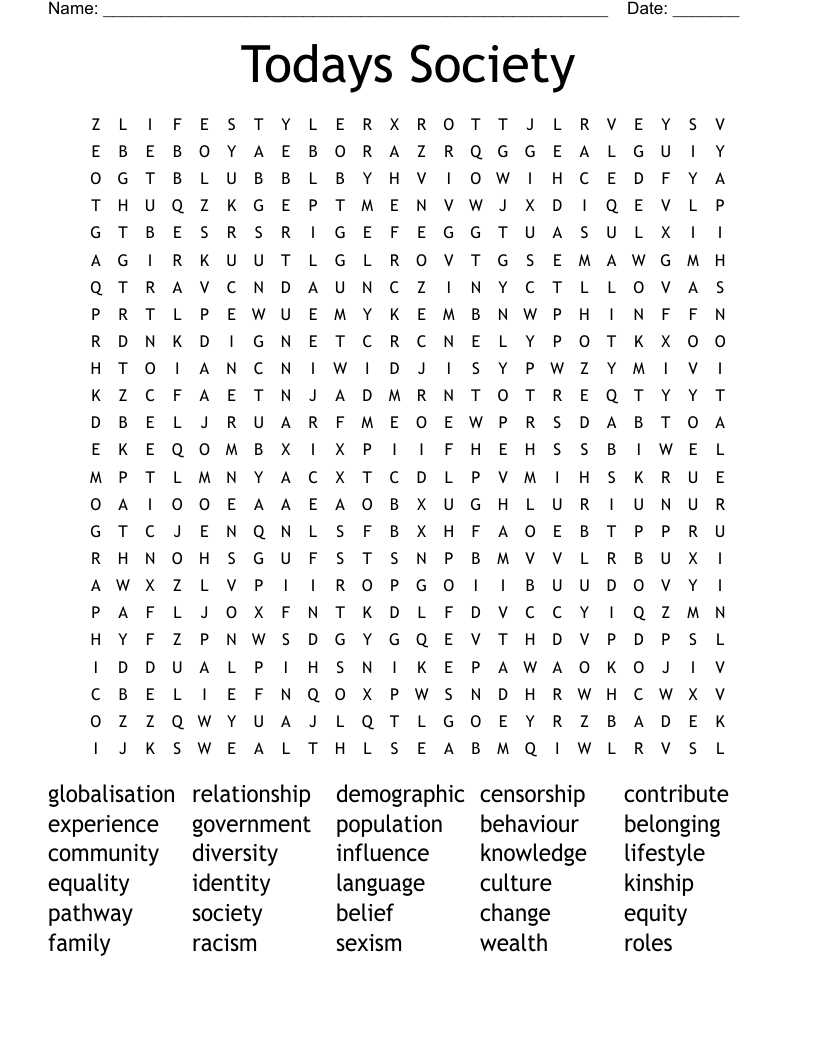 Todays Society Word Search - WordMint