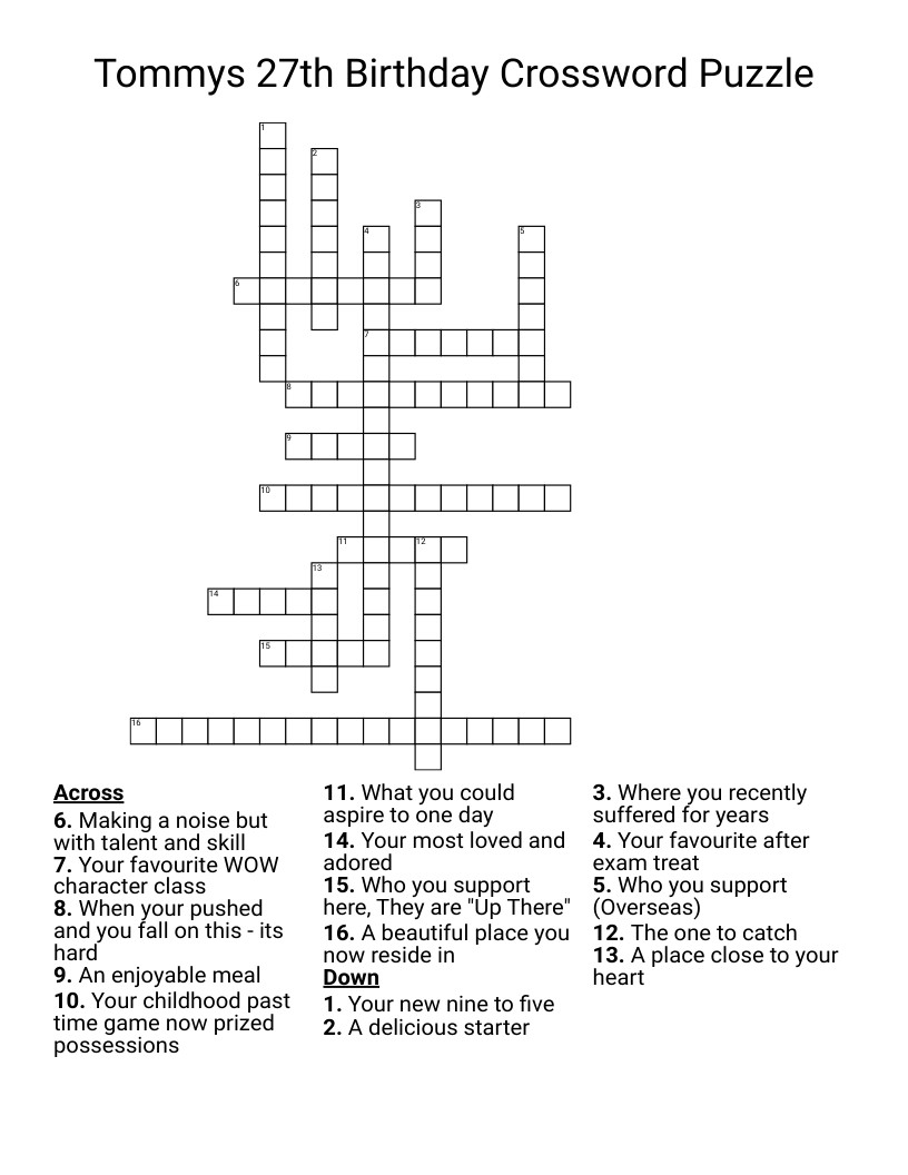 Tommys 27th Birthday Crossword Puzzle - WordMint