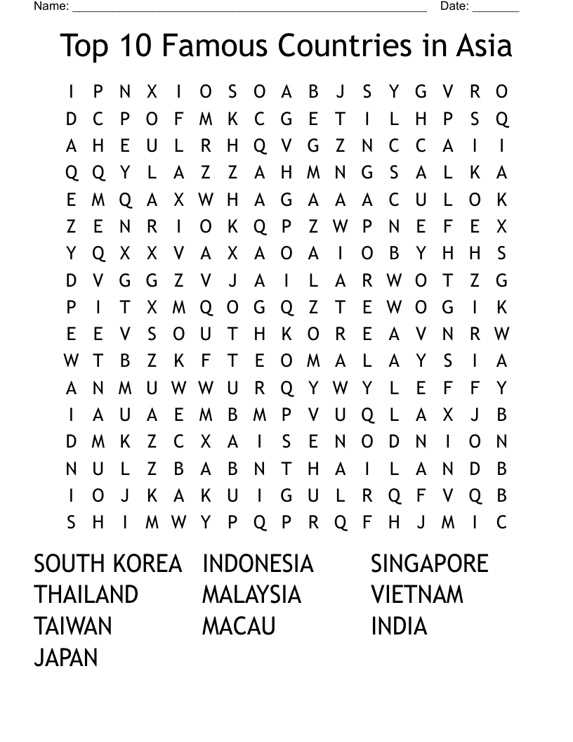 Top 10 Famous Countries in Asia Word Search - WordMint