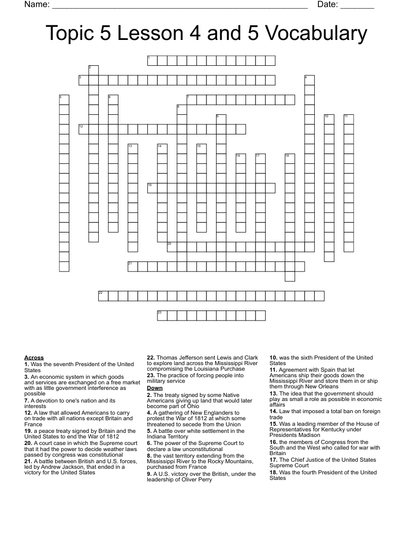 Topic 5 Lesson 4 And 5 Vocabulary Crossword WordMint
