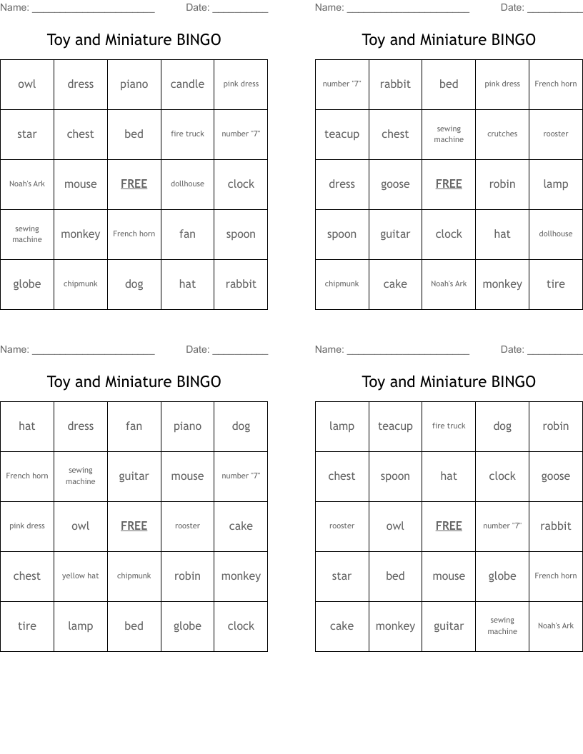 Toy and Miniature BINGO - WordMint