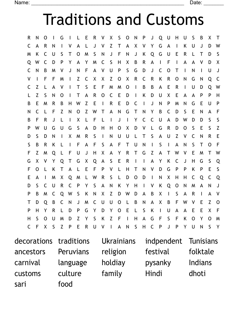 Traditions and Customs Word Search - WordMint