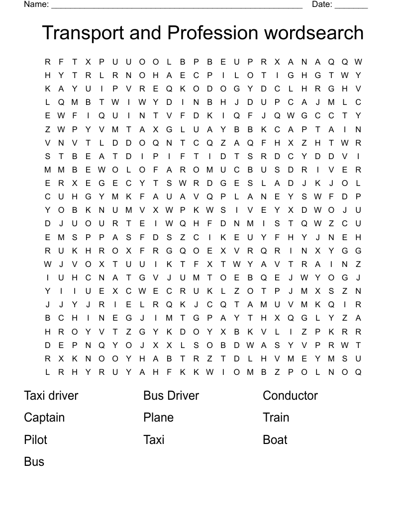 Transport and Profession wordsearch - WordMint