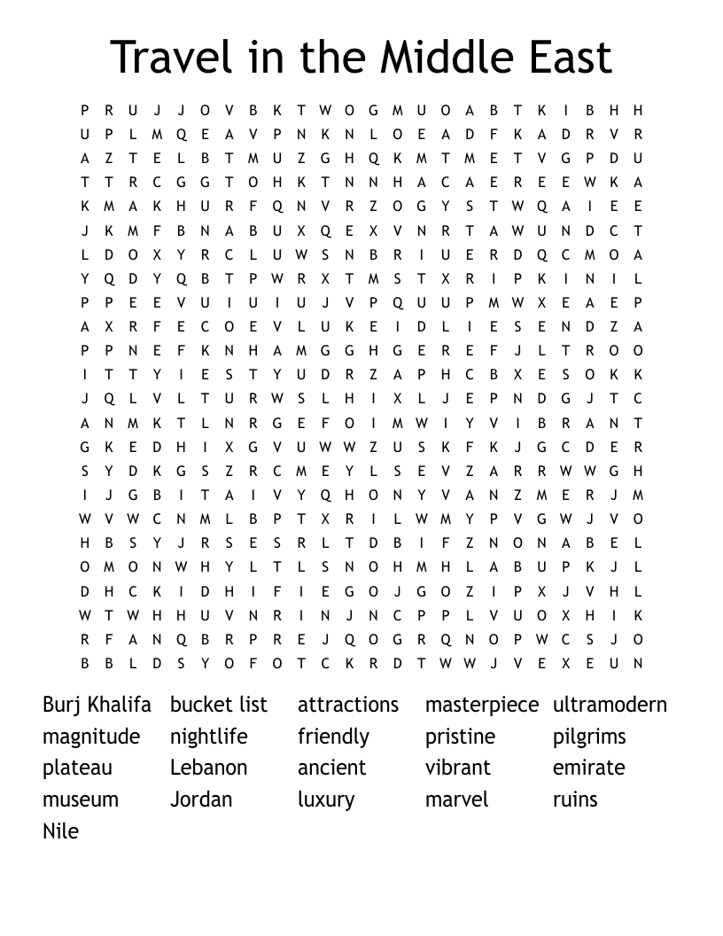 Travel in the Middle East Word Search - WordMint