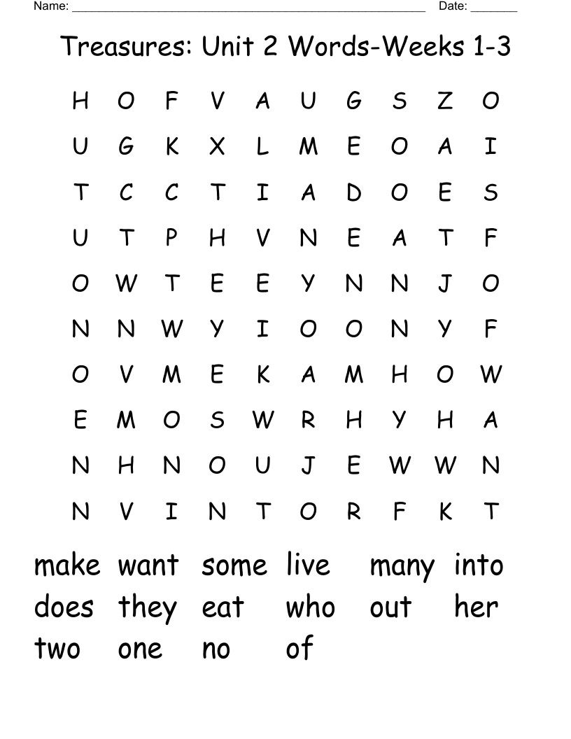 Treasures: Unit 2 Words-Weeks 1-3 Word Search - WordMint