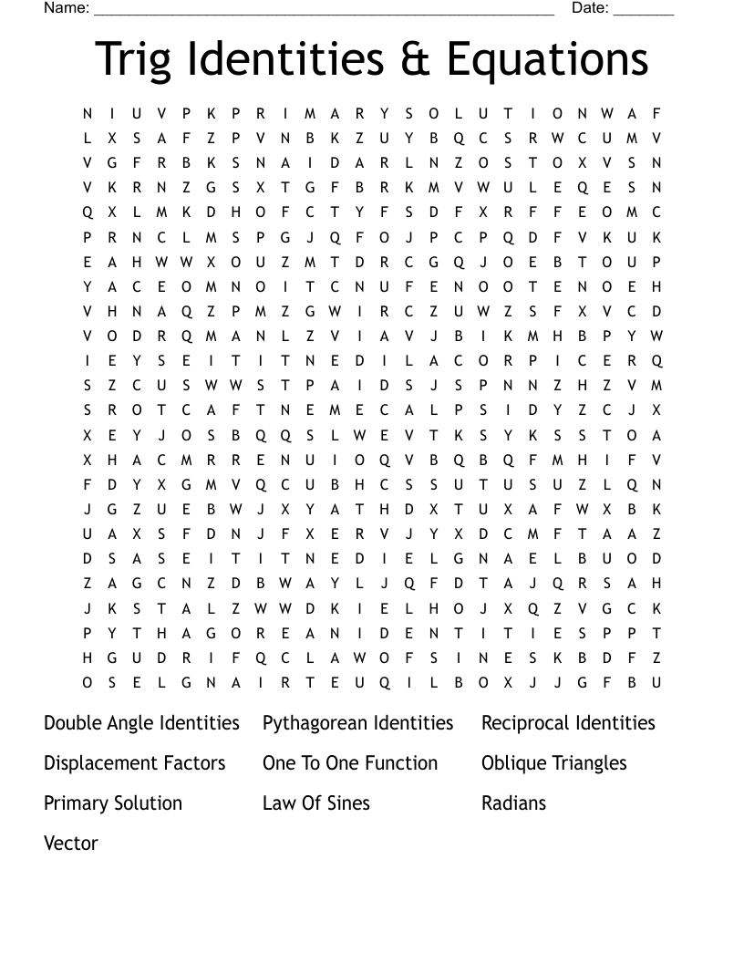 Trig Identities & Equations Word Search - WordMint