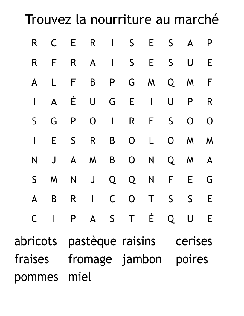 Trouvez la nourriture au marché Word Search - WordMint