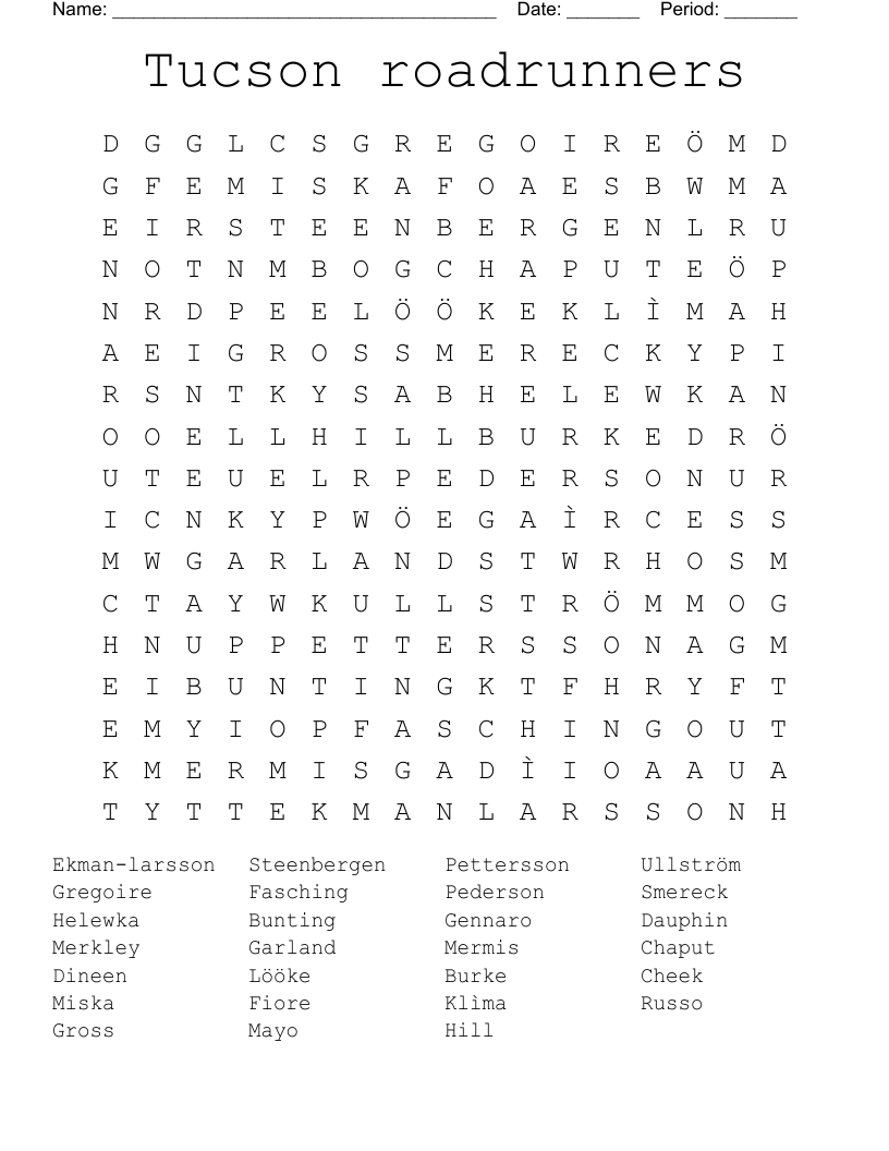 Tucson roadrunners Word Search - WordMint