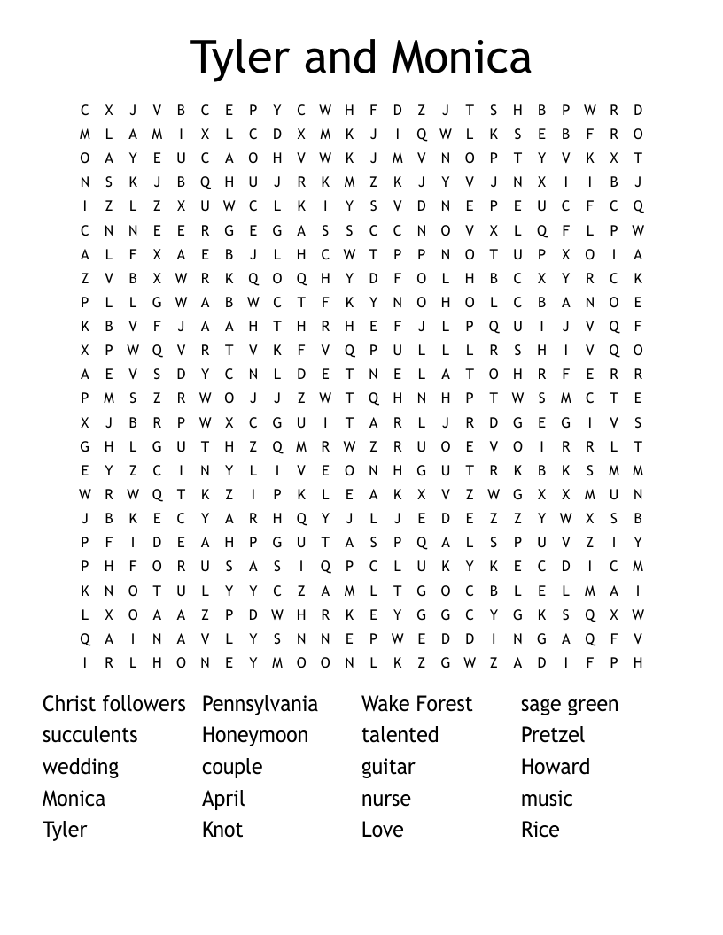 Tyler and Monica Word Search - WordMint
