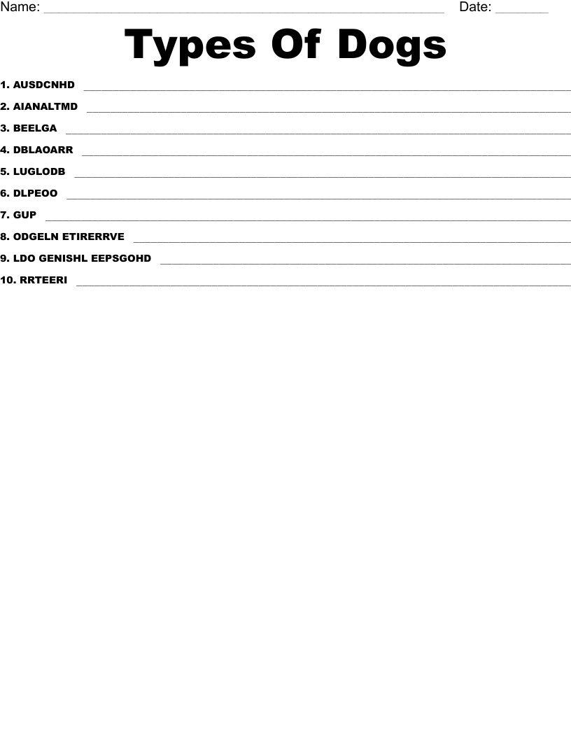 Types Of Dogs Word Scramble - WordMint
