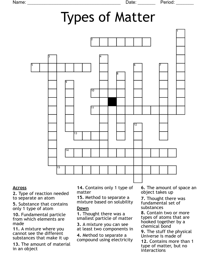 Types of Matter Crossword - WordMint