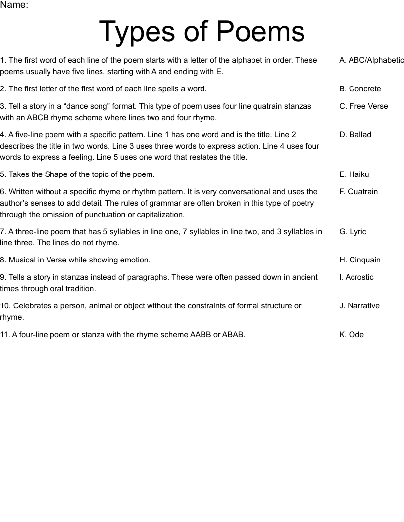 Types Of Poems Worksheet WordMint